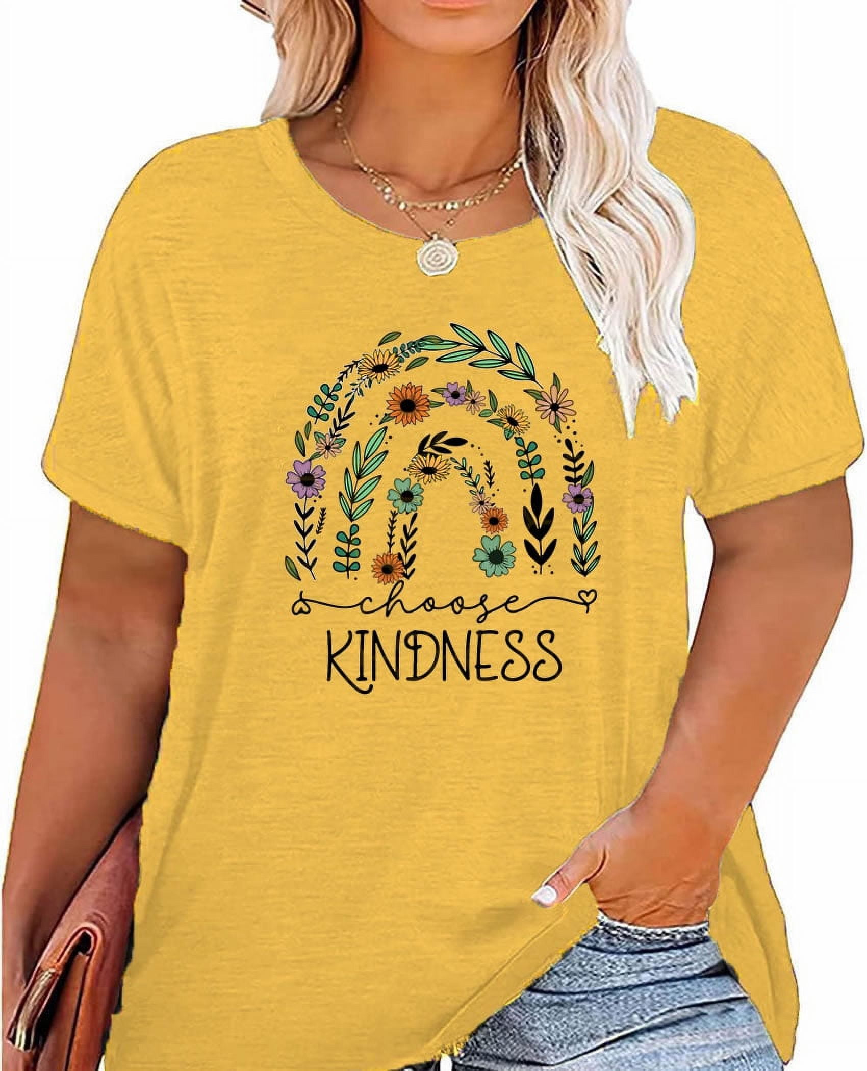 Women's Plus Size T-Shirt Kindness Flowers Printed Summer Casual Cute ...