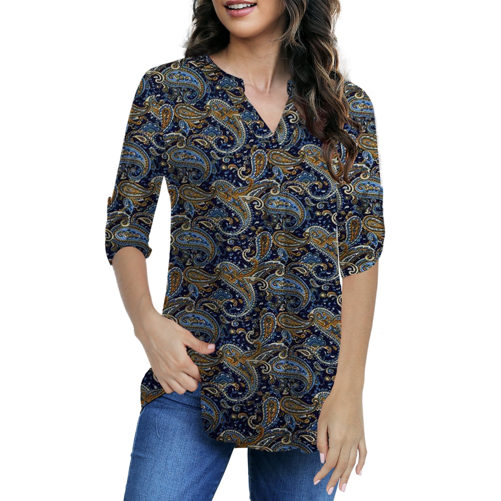 Women's Plus Size Tops 3/4 Roll Sleeve Shirts V Neck Blouses Tunic Top - Walmart.com