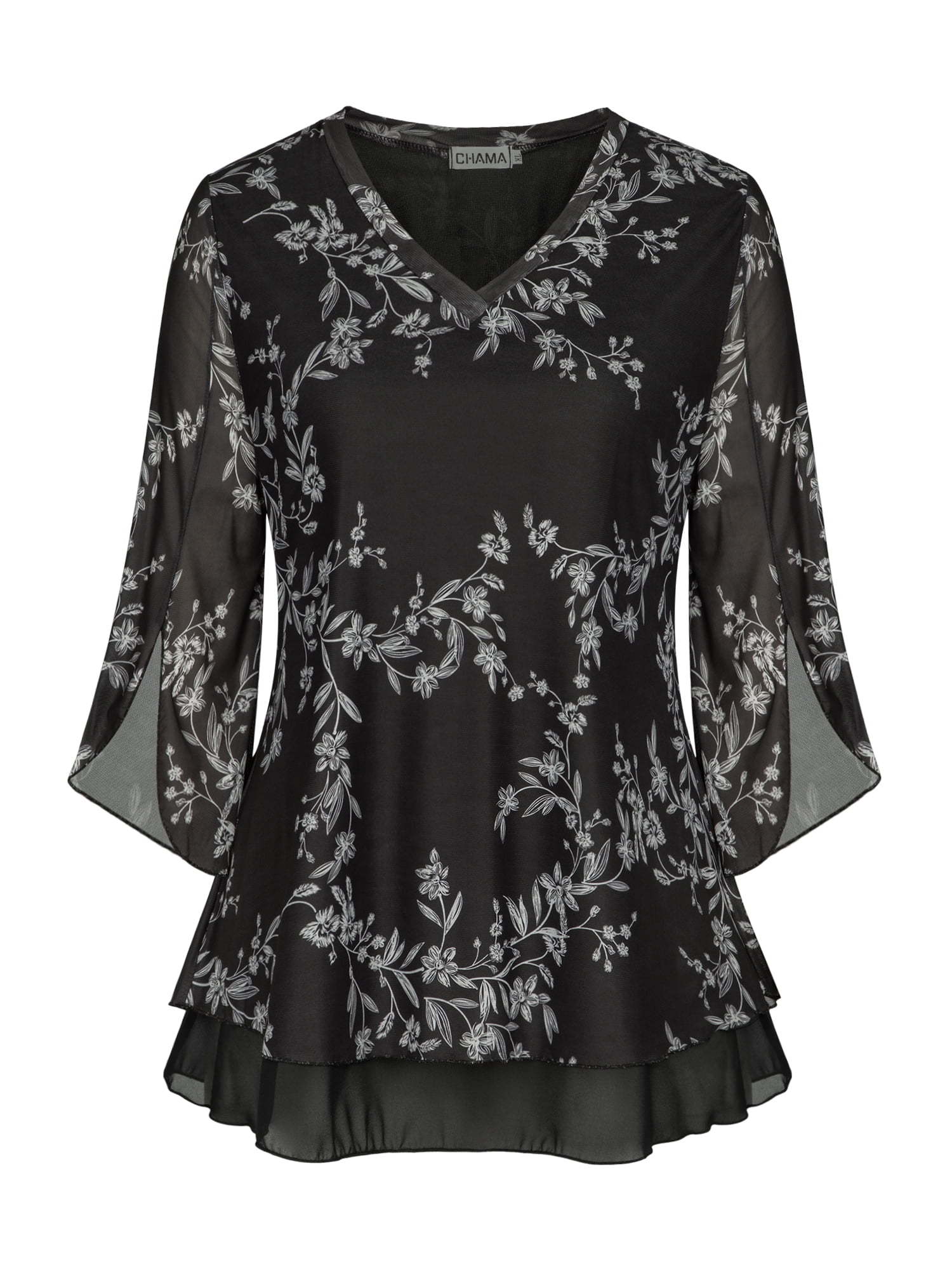 Women's Plus Size Tops 3/4 Ruffle Sleeve Shirts V Neck Mesh Blouses ...