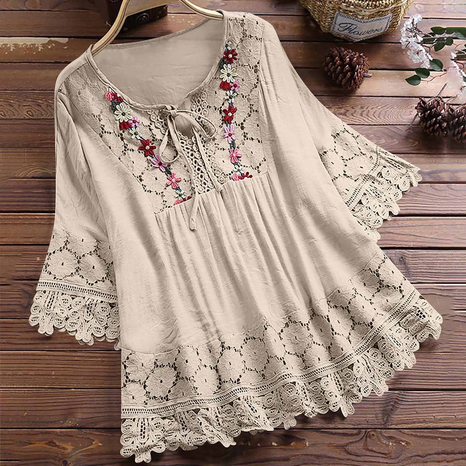Egzmbll Women's Plus Size Lace Tunic Top, Short Sleeve Blouse, Casual ...
