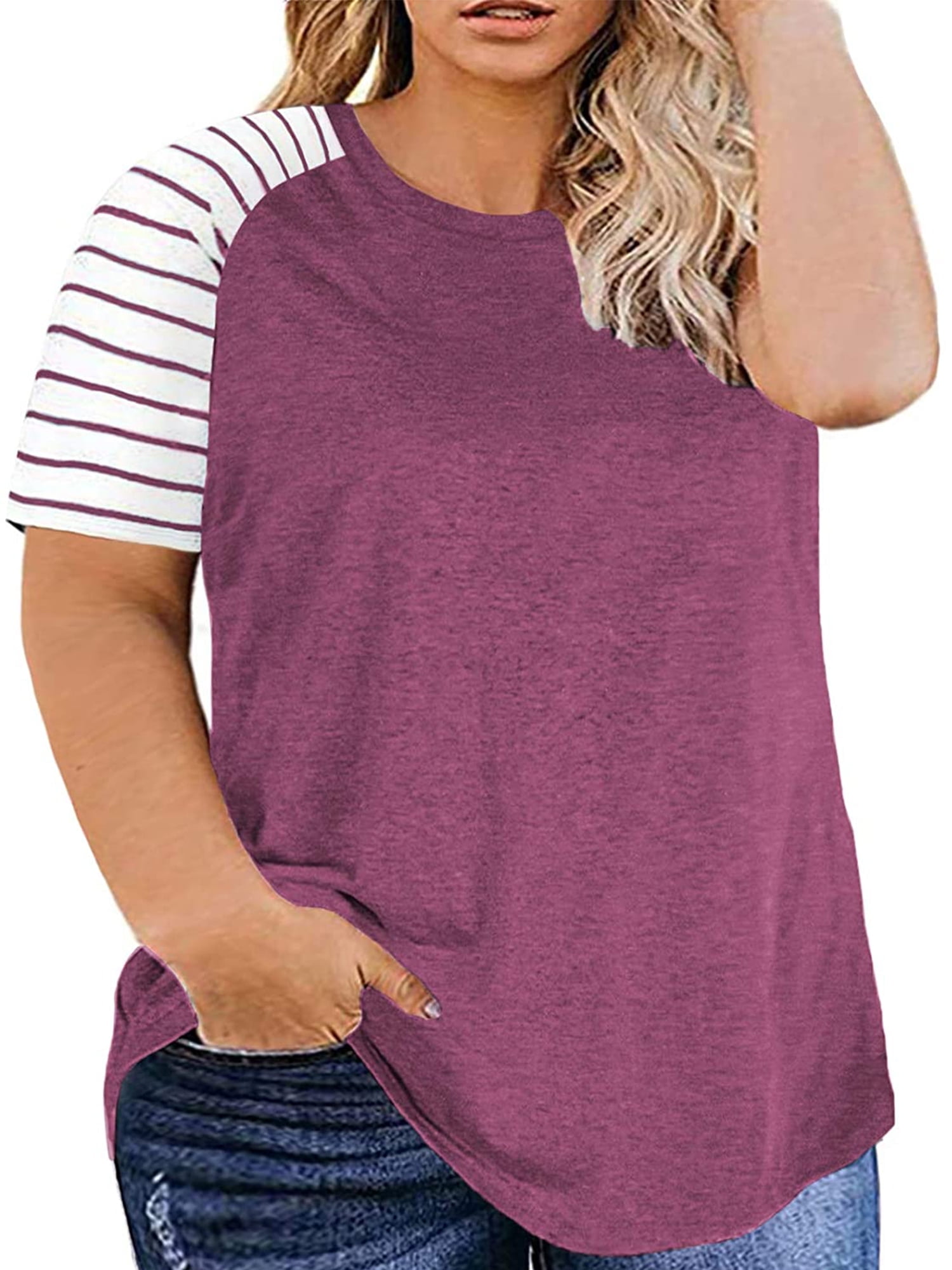 Women's Plus Size Tops Short Sleeve Striped Raglan Shirts Casual Tunics ...