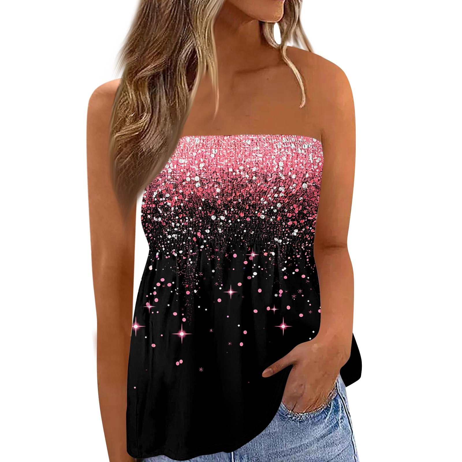 Women's Plus Size Tube Tops Strapless Blouse Pleated Sleeveless ...