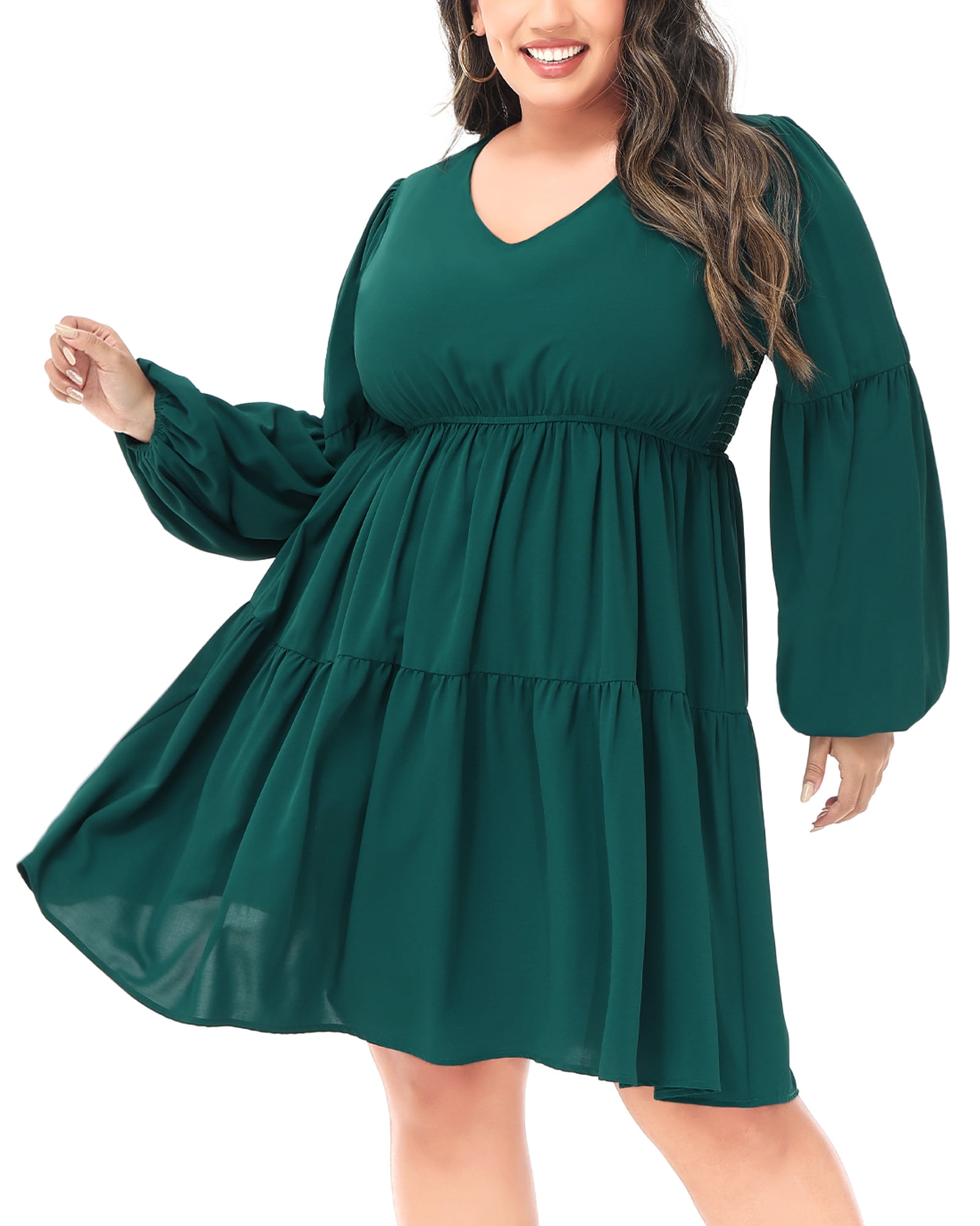 Women's Plus Size Tunic Dresses V Neck Bishop Long Sleeve Smocked Knee ...