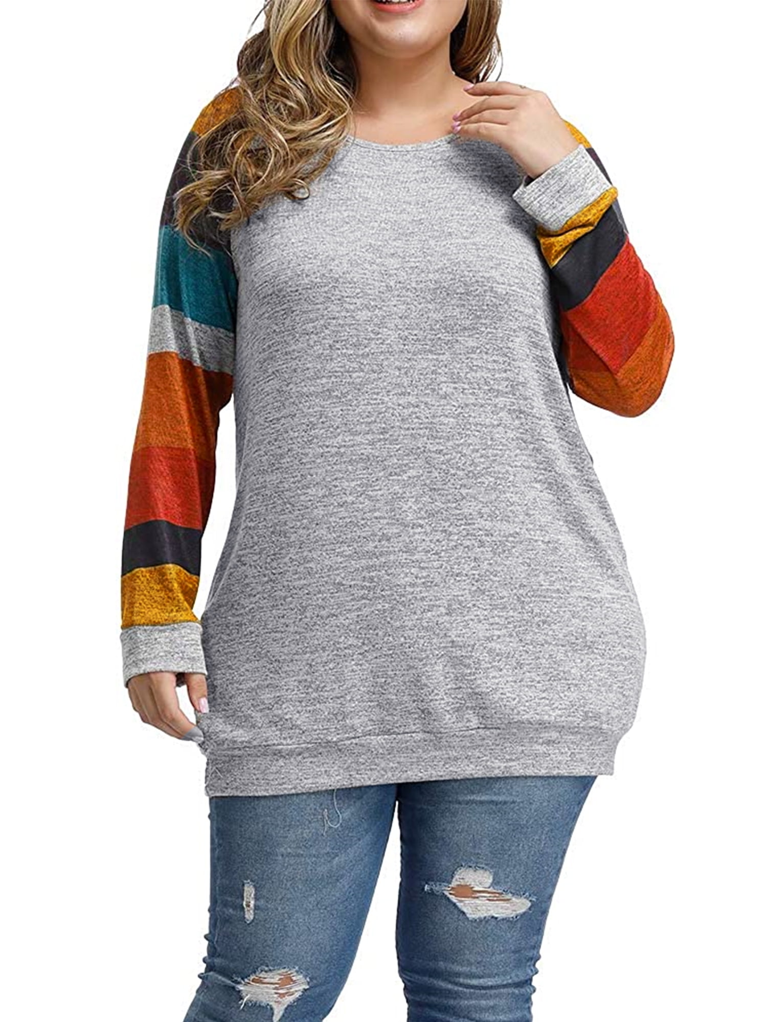 Women's Plus Size Tunic Tops Colorblock Raglan Long Sleeve Loose Shirts ...