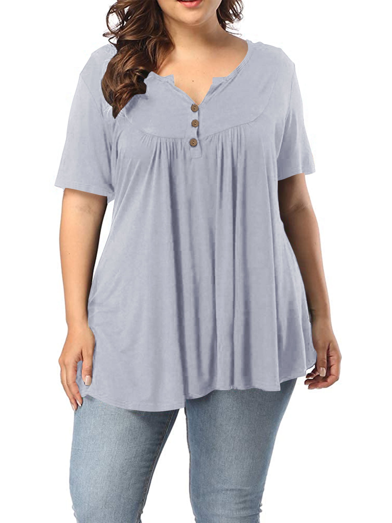 Women's Plus Size Tunic Tops Summer Short Sleeve V Neck Blouses Ruffle ...
