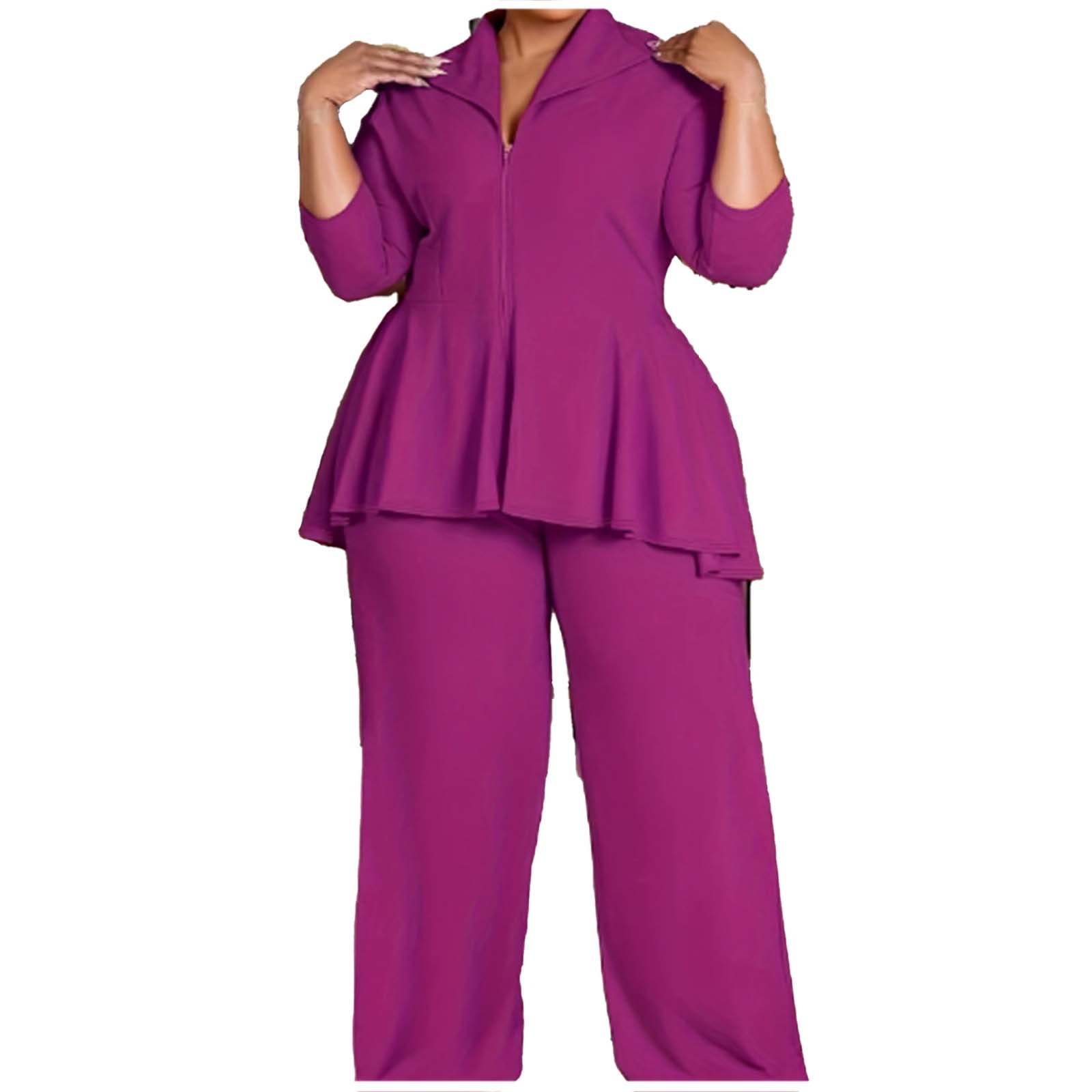 Women's Plus Size Two Piece Sets Long Sleeve Zip up Peplum Tops Wide ...