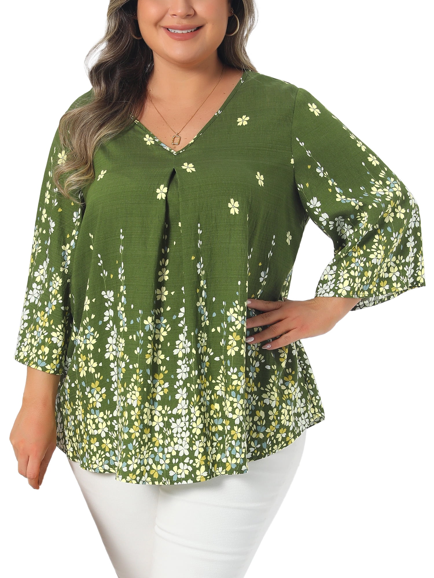 Agnes Orinda Women's Plus Size Boho Tops Floral V Neck 3/4 Sleeve T ...