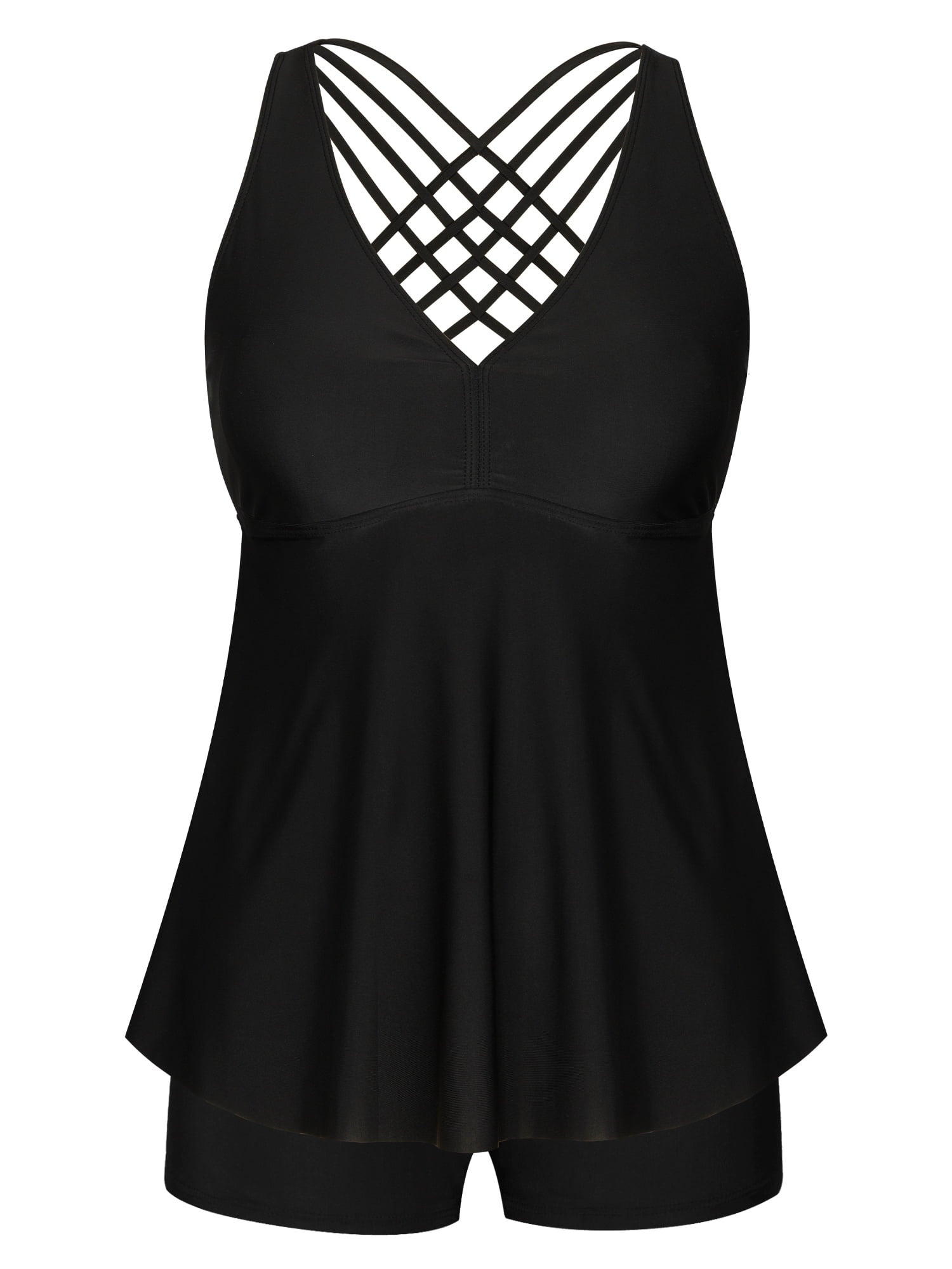 Women's Plus Size V-Neck Strappy Back Tankini Swimsuit with Boyshorts ...