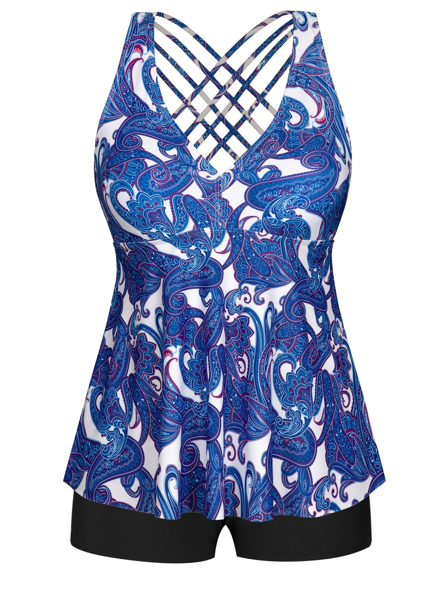 Women's Plus Size V-Neck Strappy Back Tankini Swimsuit with Boyshorts ...