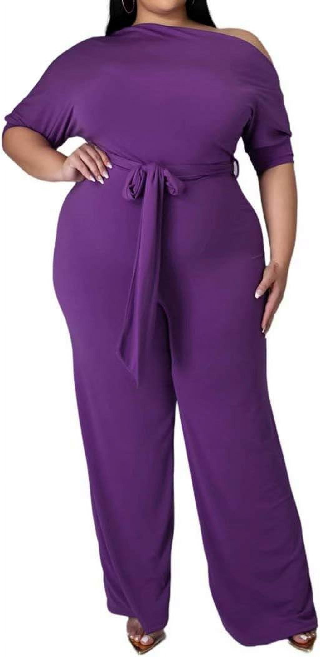 Women's Plus Size Wide Leg Slanted One Shoulder Belted Straight Two ...