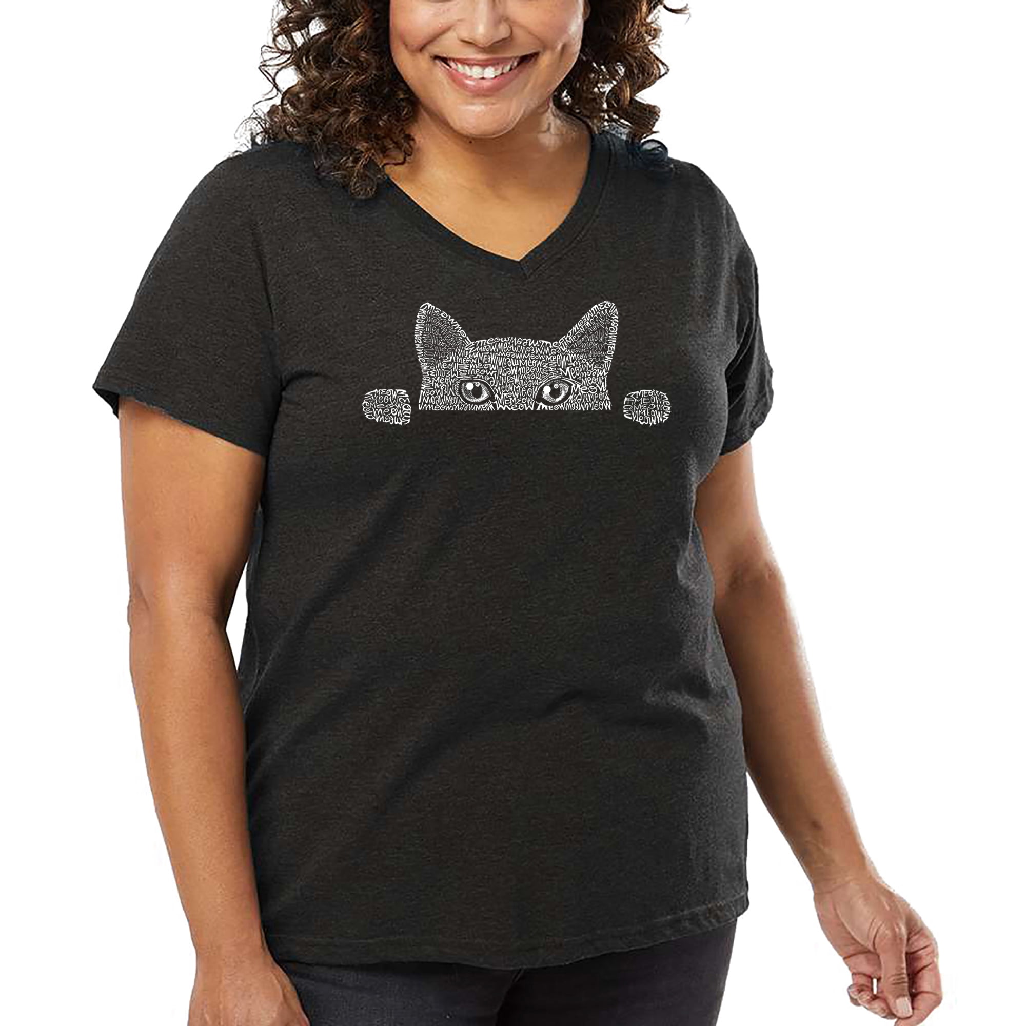 Women's Plus Size Word Art V-Neck - Peeking Cat - Walmart.com