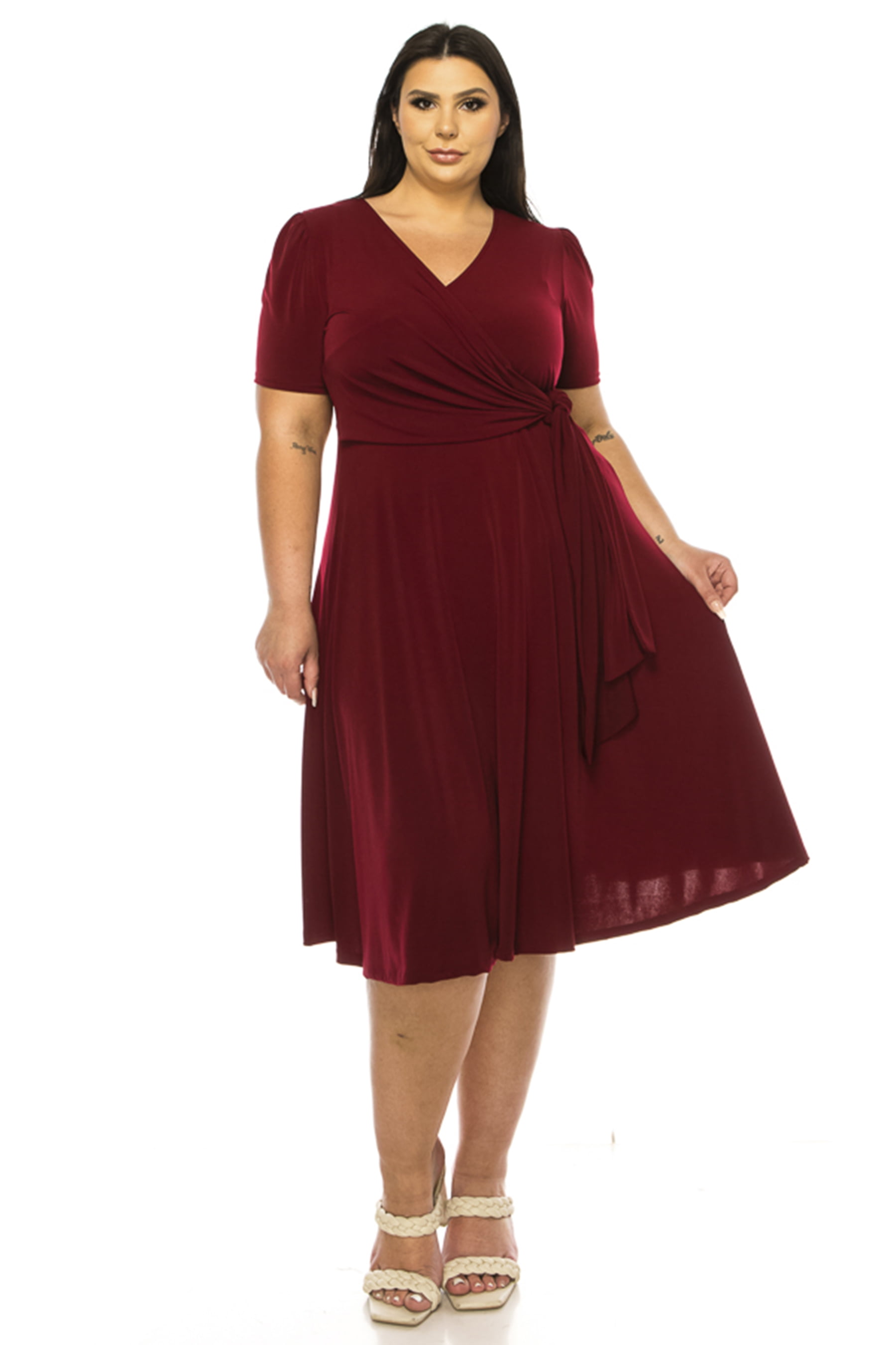Women's Plus size Stylish Solid Faux Wrap Dress with Deep V-Neck ...