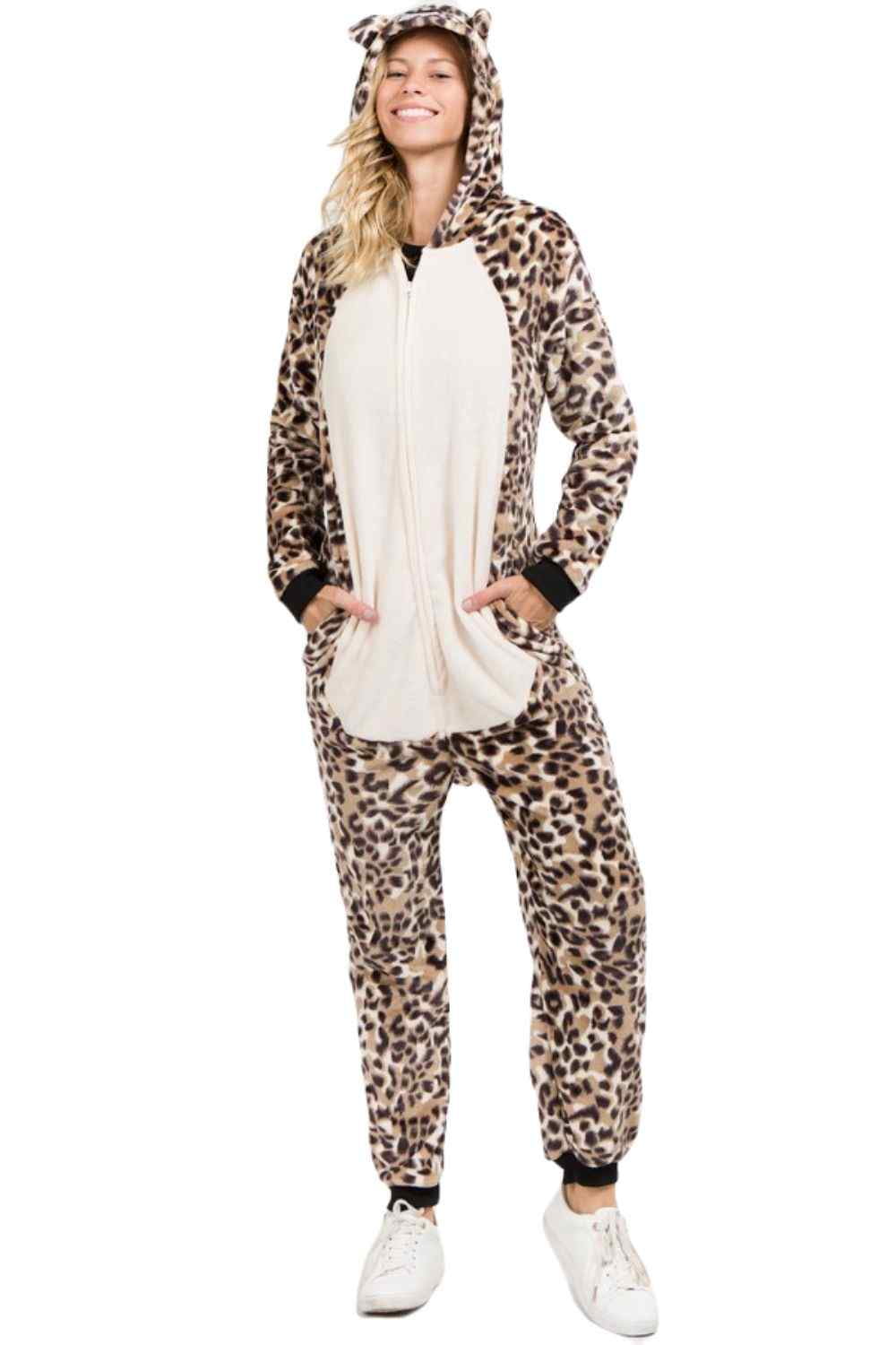 Yelete Women's Plush Leopard Animal Onesie Pajama, Ultra Soft Fleece ...