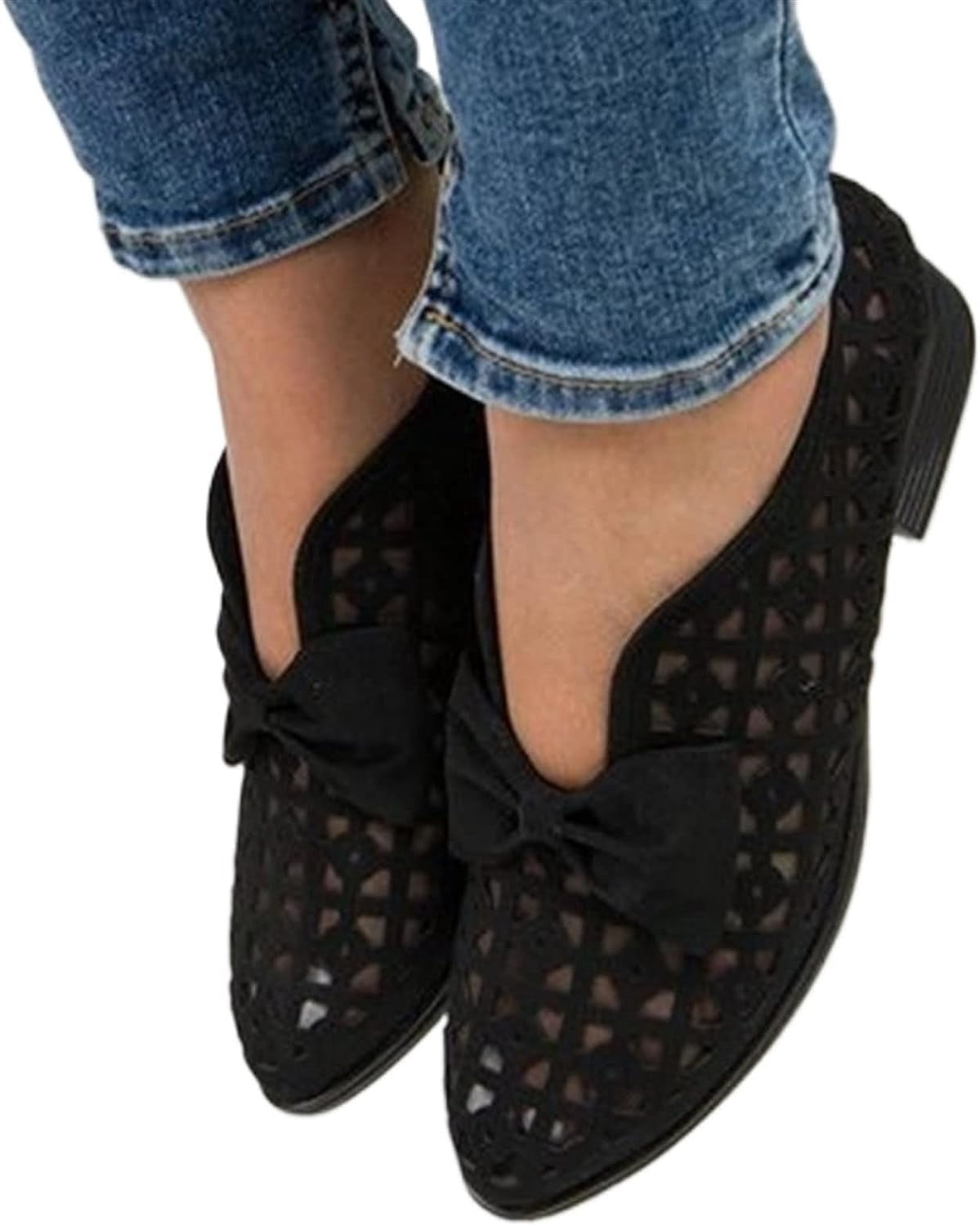 Women's Pointed Toe Bowknot Sandals Hollow Out Breathable Low Chunky ...