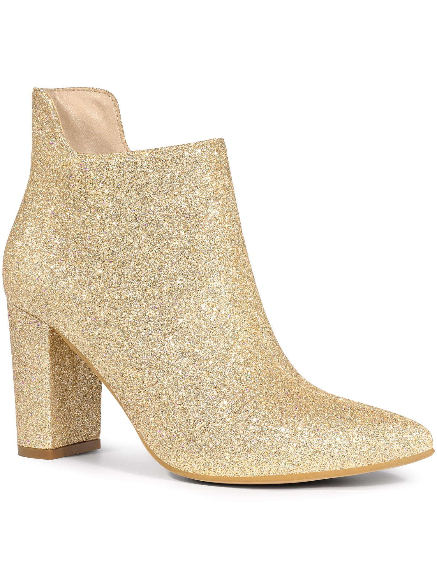 Women's Pointed Toe Cutout Block Heels Glitter Ankle Booties - Walmart.com