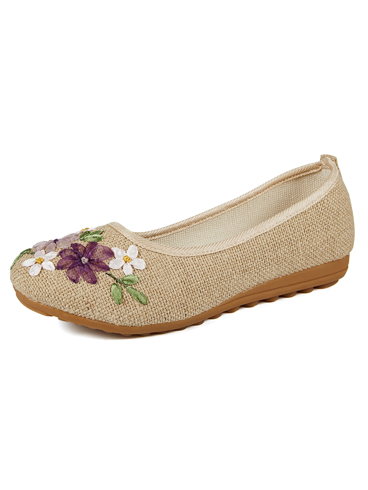 Women's Pointed Toe Flower Flat Shoes Embroidered Style Slip On Ballet ...