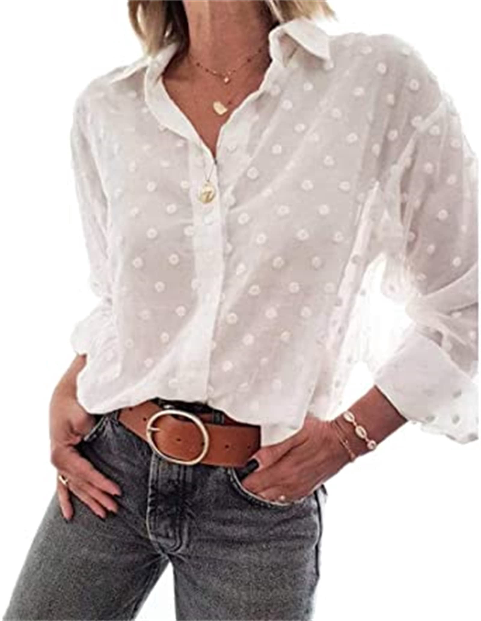 Women's Polka Dot Blouse Long Sleeve Button Down Shirt Tops Summer ...