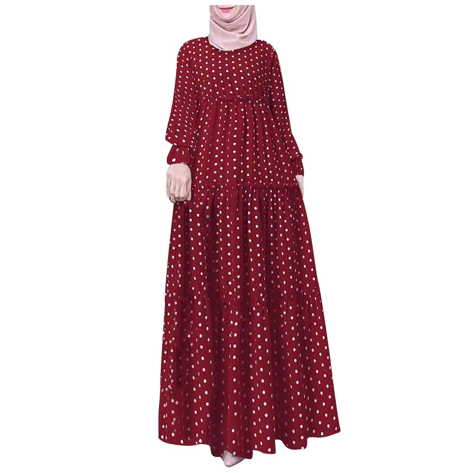 Women's Polka Dot Muslim Abaya Dress Tiered Kaftan Praying Dress Long ...