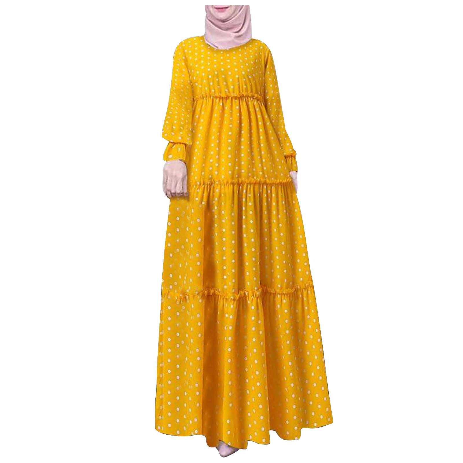 Women's Polka Dot Muslim Abaya Dress Tiered Kaftan Praying Dress Long ...