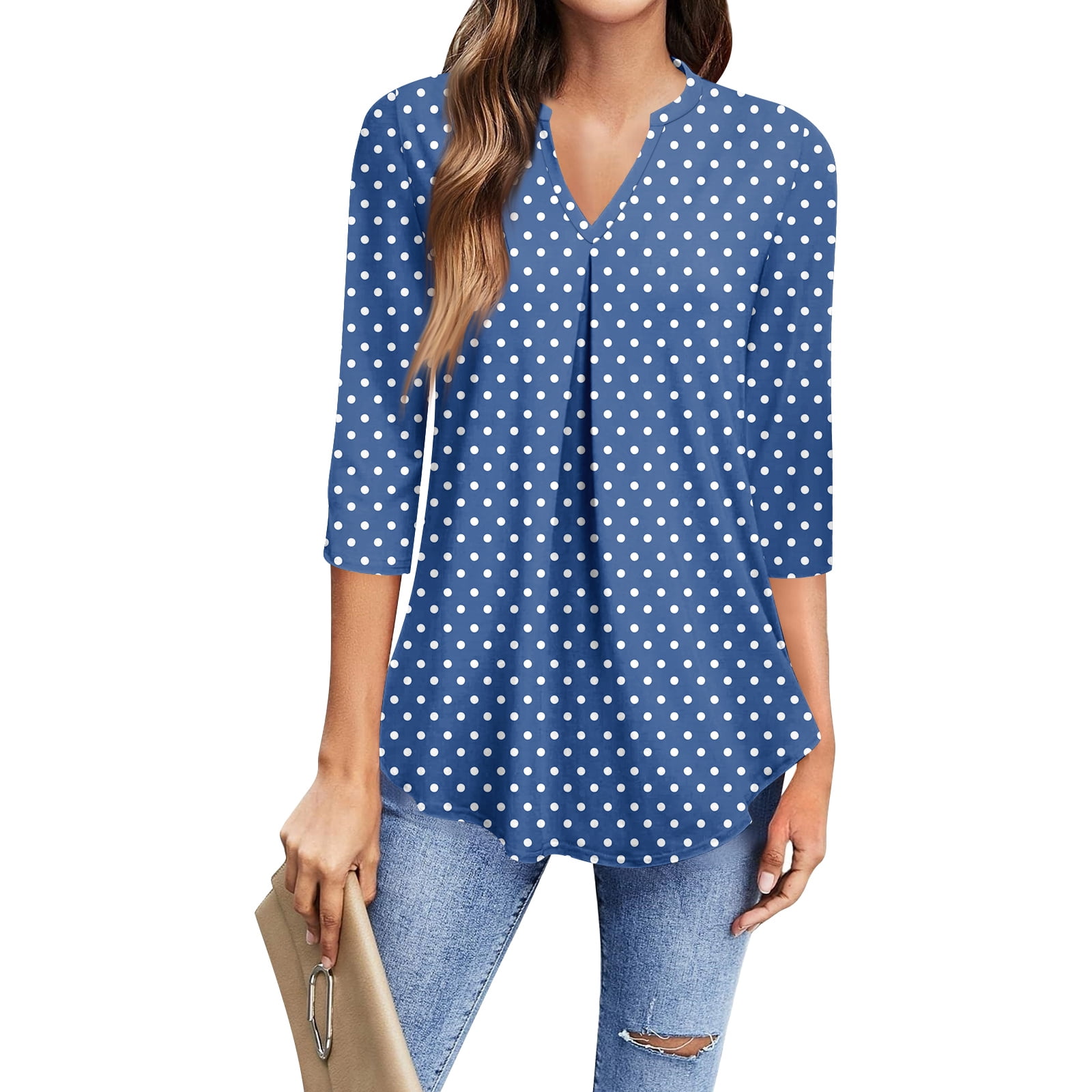 Women's Polka Dot Print Top, V Neck Three Quarter Sleeve Blouse ...