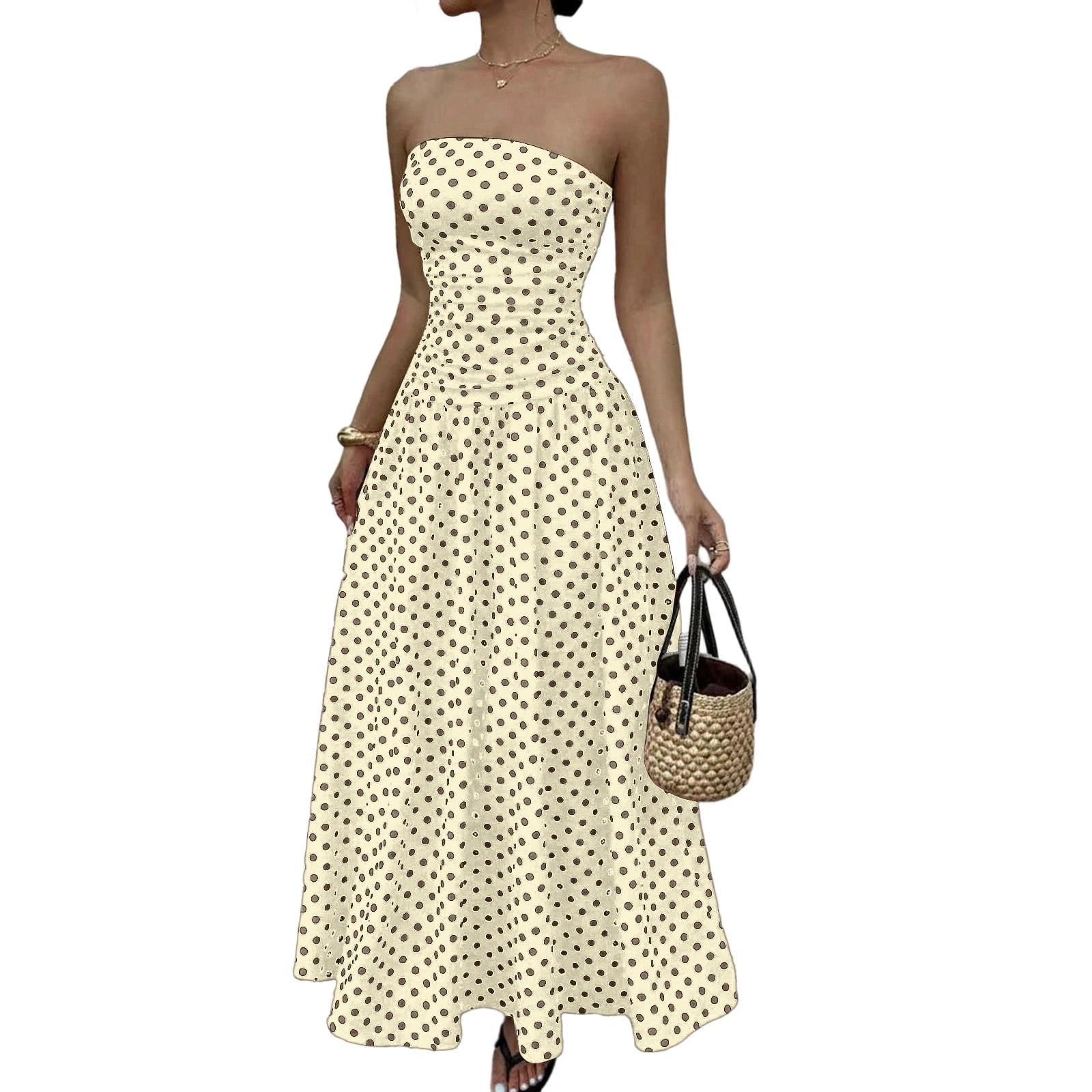 Women's Polka Dot Strapless Maxi Dress, Retro Tube Top A-Line Long ...