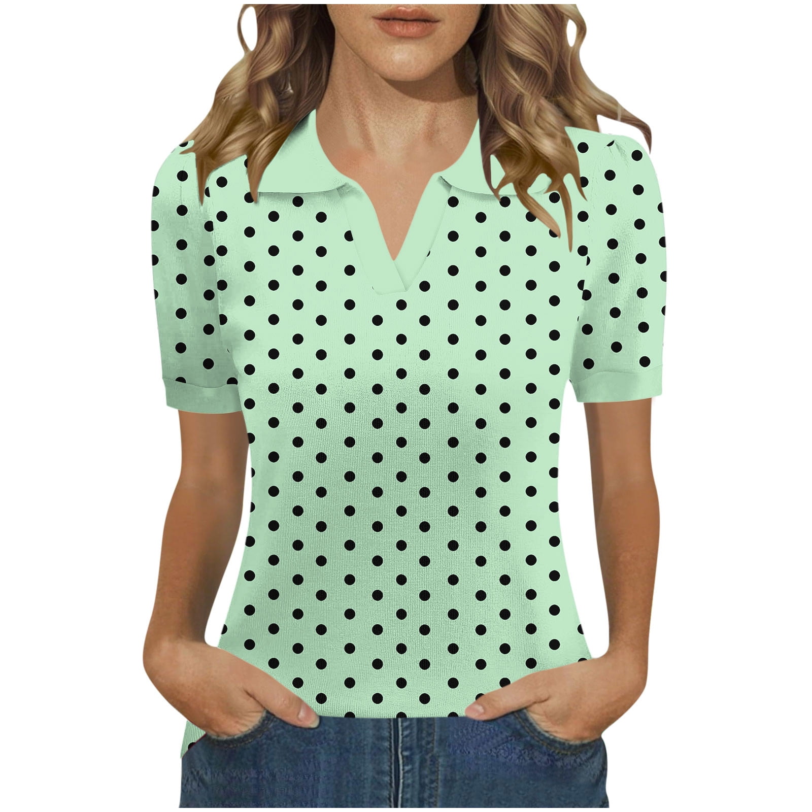 Women's Polka Dot Top Casual Collar Blouse Short Sleeve Tops Spring ...