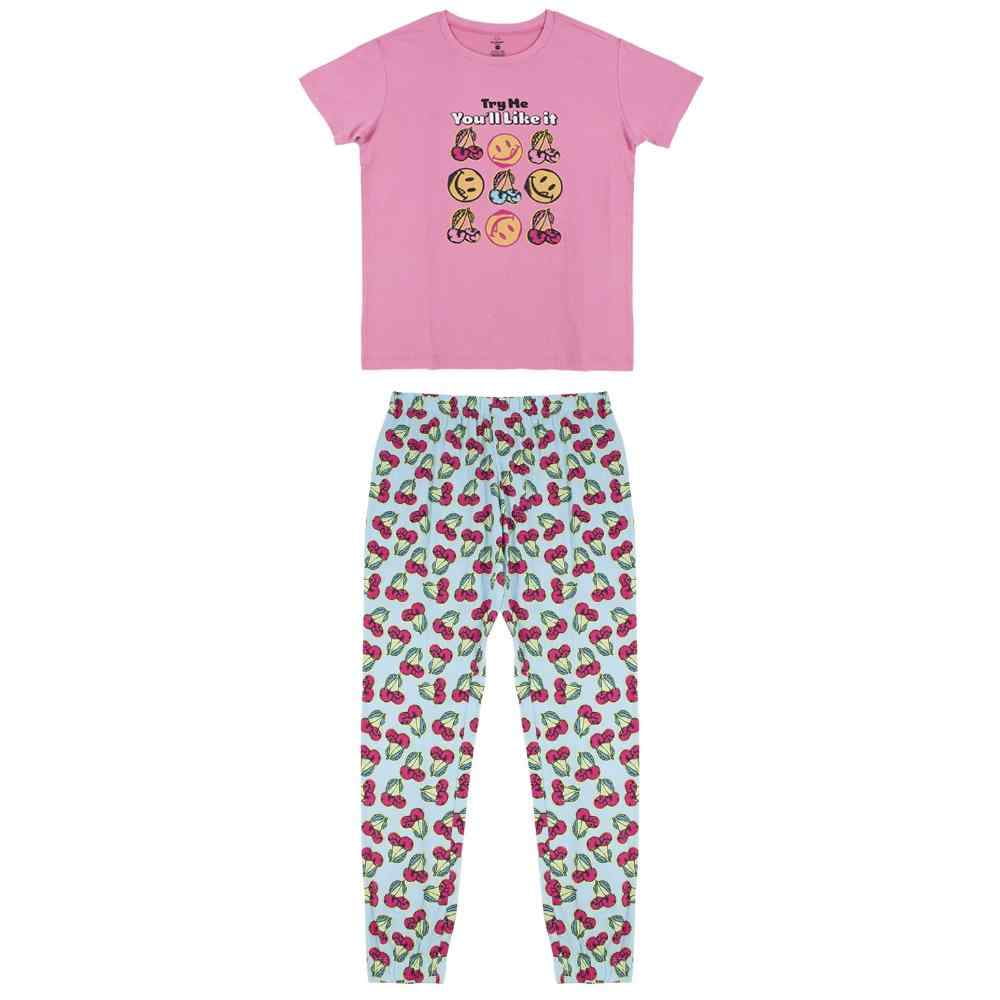 Women's Poly Short Sleeve Pajama & Pants Set, Smiley Cherry/Pink, XL, 1 ...