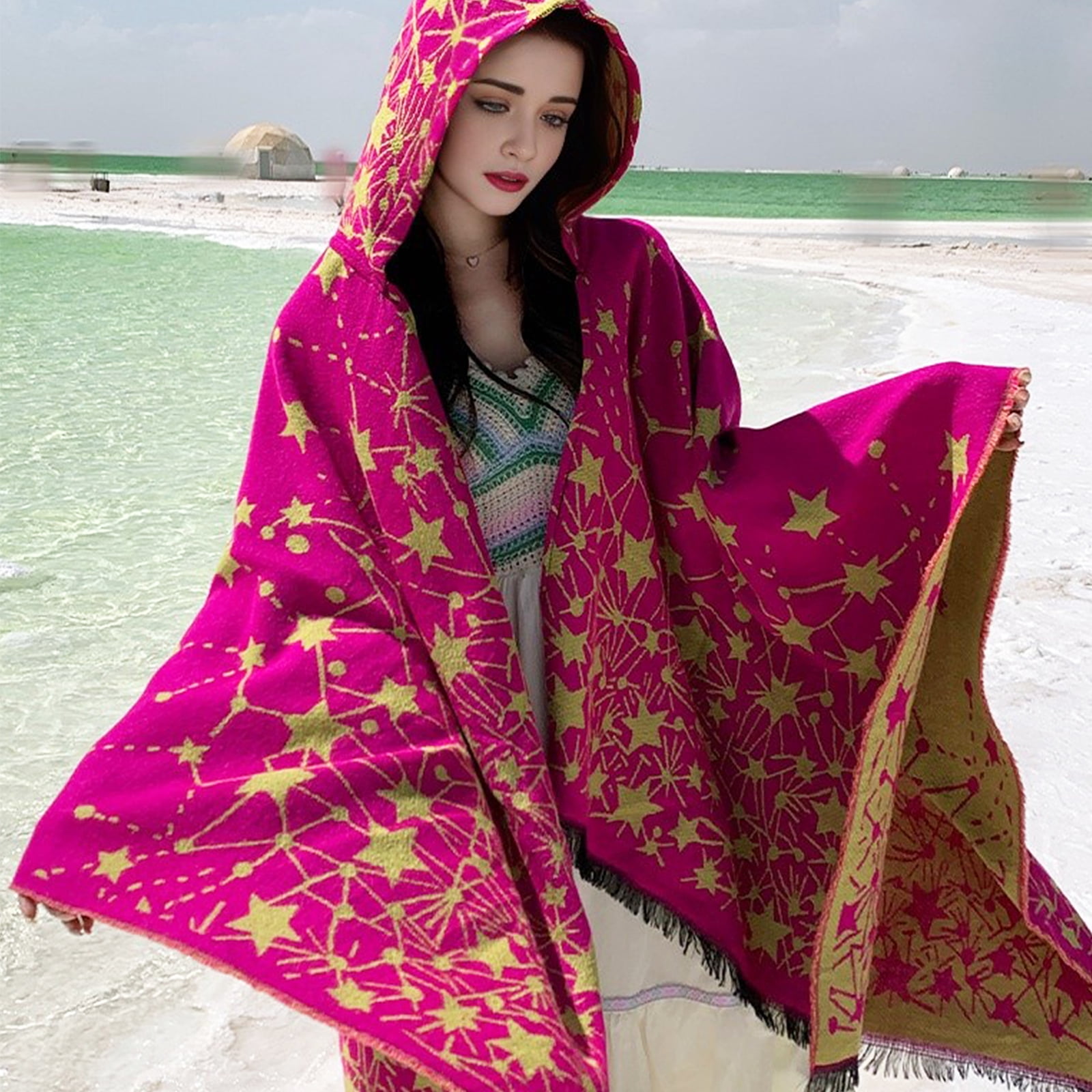 Women's Poncho with Hood Plus Size for Winter - Open Front Knitted ...