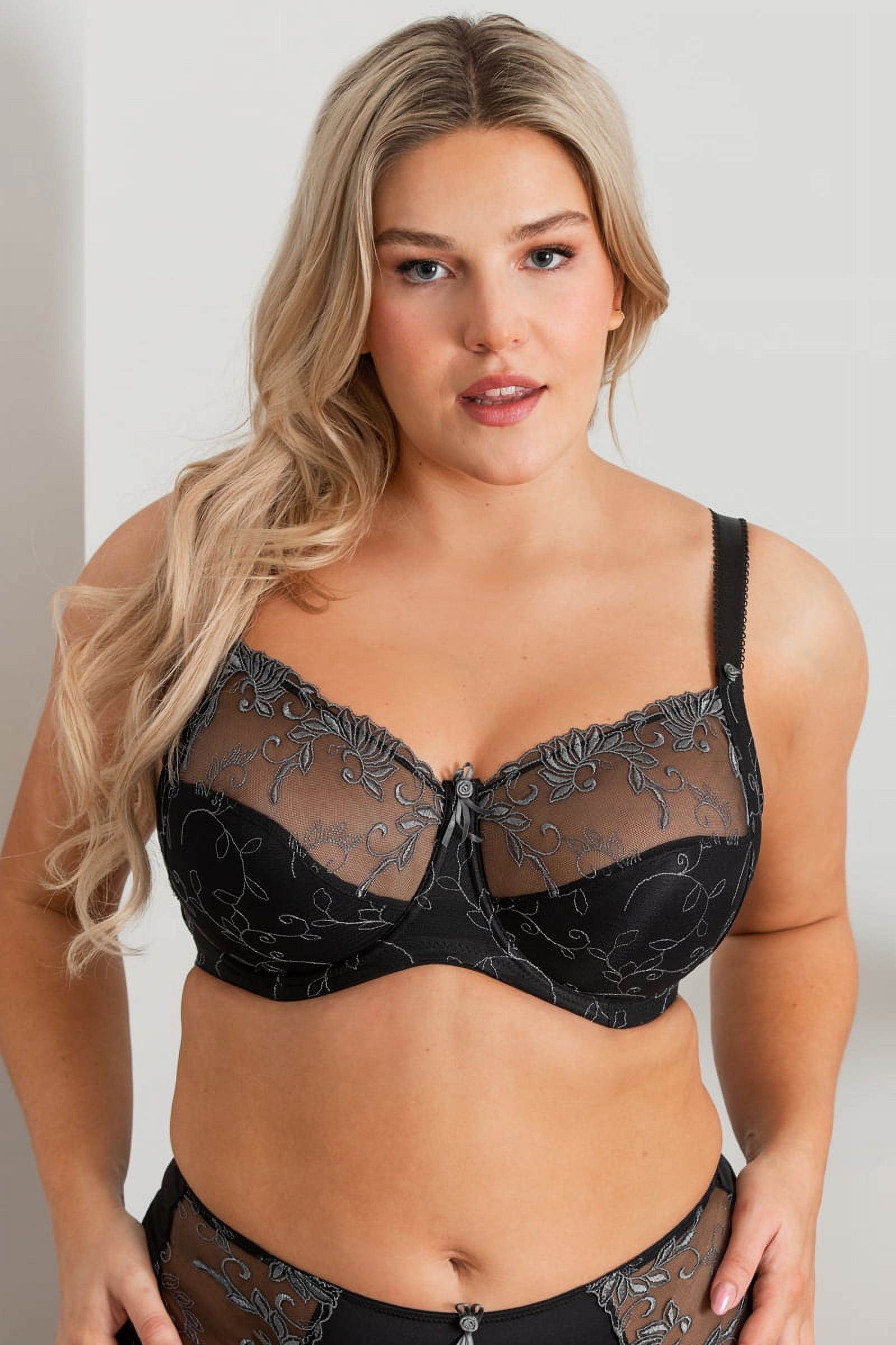 Women's Pour Moi 3804 Imogen Rose Embroidered Underwire Balconette Bra (Black/Platinum 38E ...
