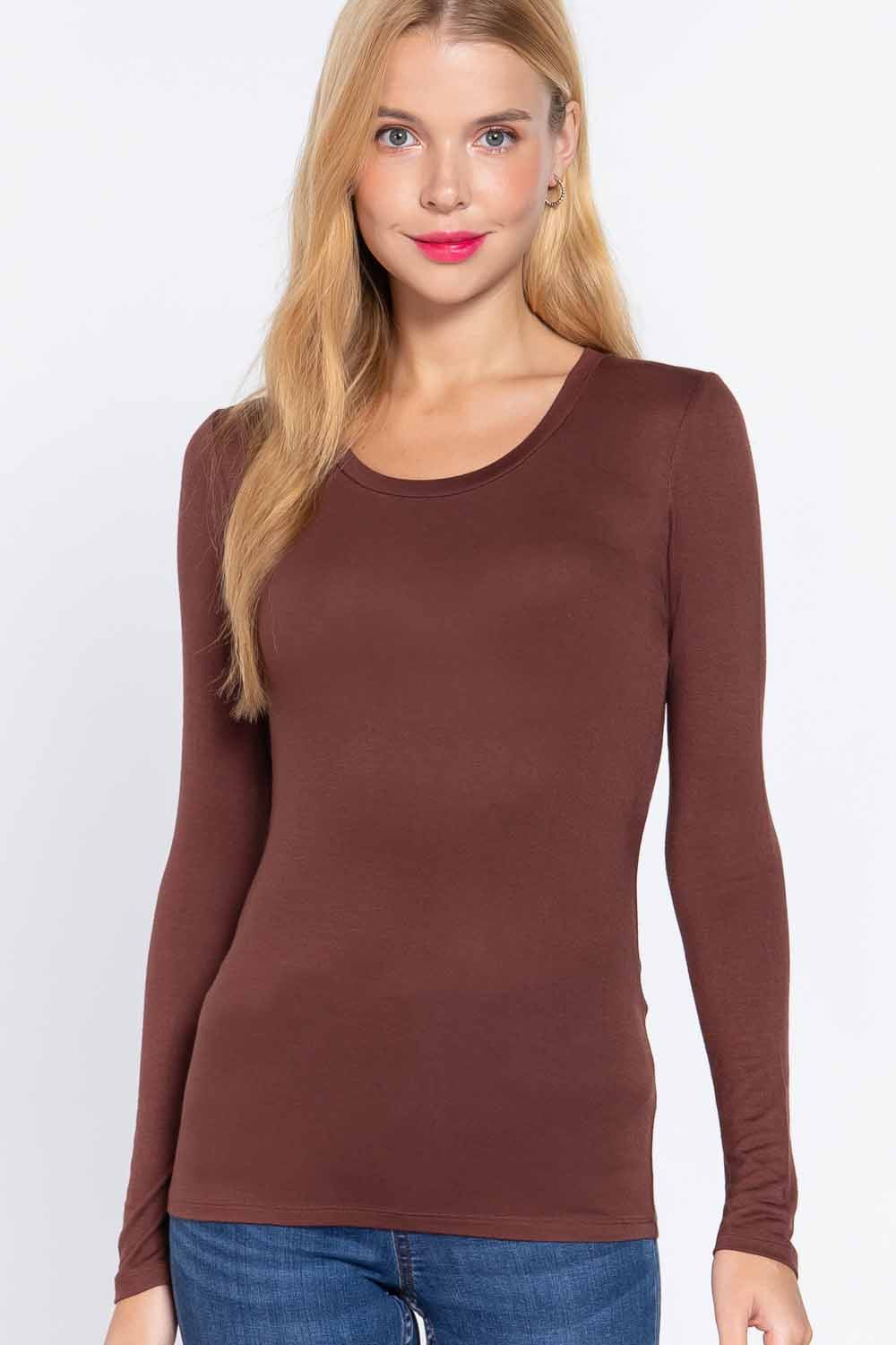 Womens Premium Basic Long Sleeve Round Crew Neck T Shirt Top Warm Soft