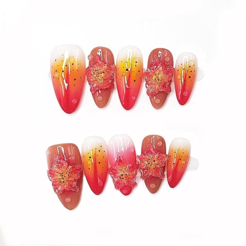 Women’s Press On Nails – Handmade Almond Shape with 3D Floral Design ...