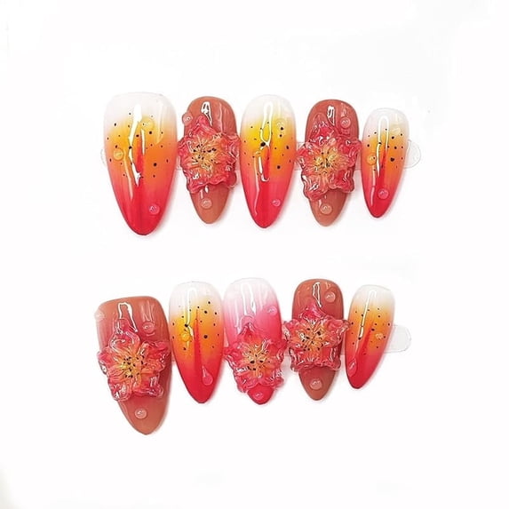 Women’s Press On Nails – Handmade Almond Shape with 3D Floral Design ...