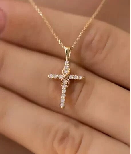Women's Pretty Cross Pendant Chain 14K Yellow Gold Plated 1Ct Round Cut ...