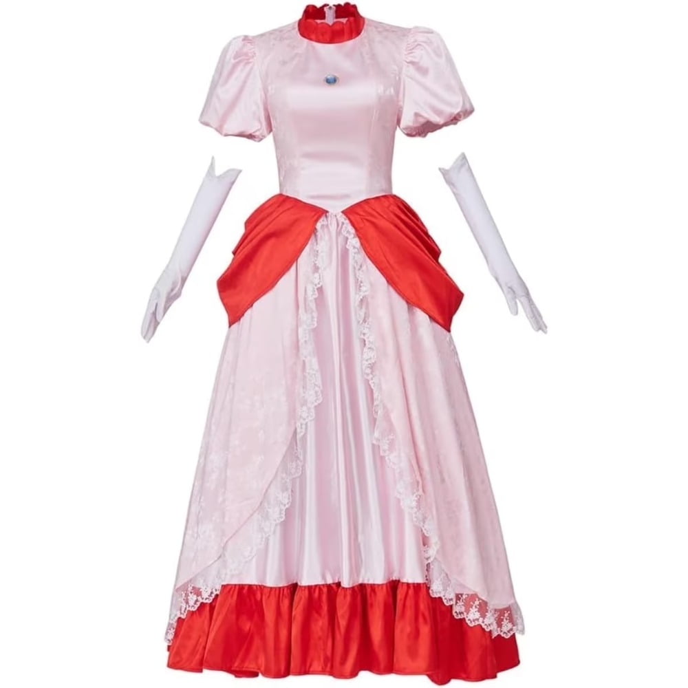 Women’s Princess Peach Style Pink Dress Elegant Long Outfit with ...