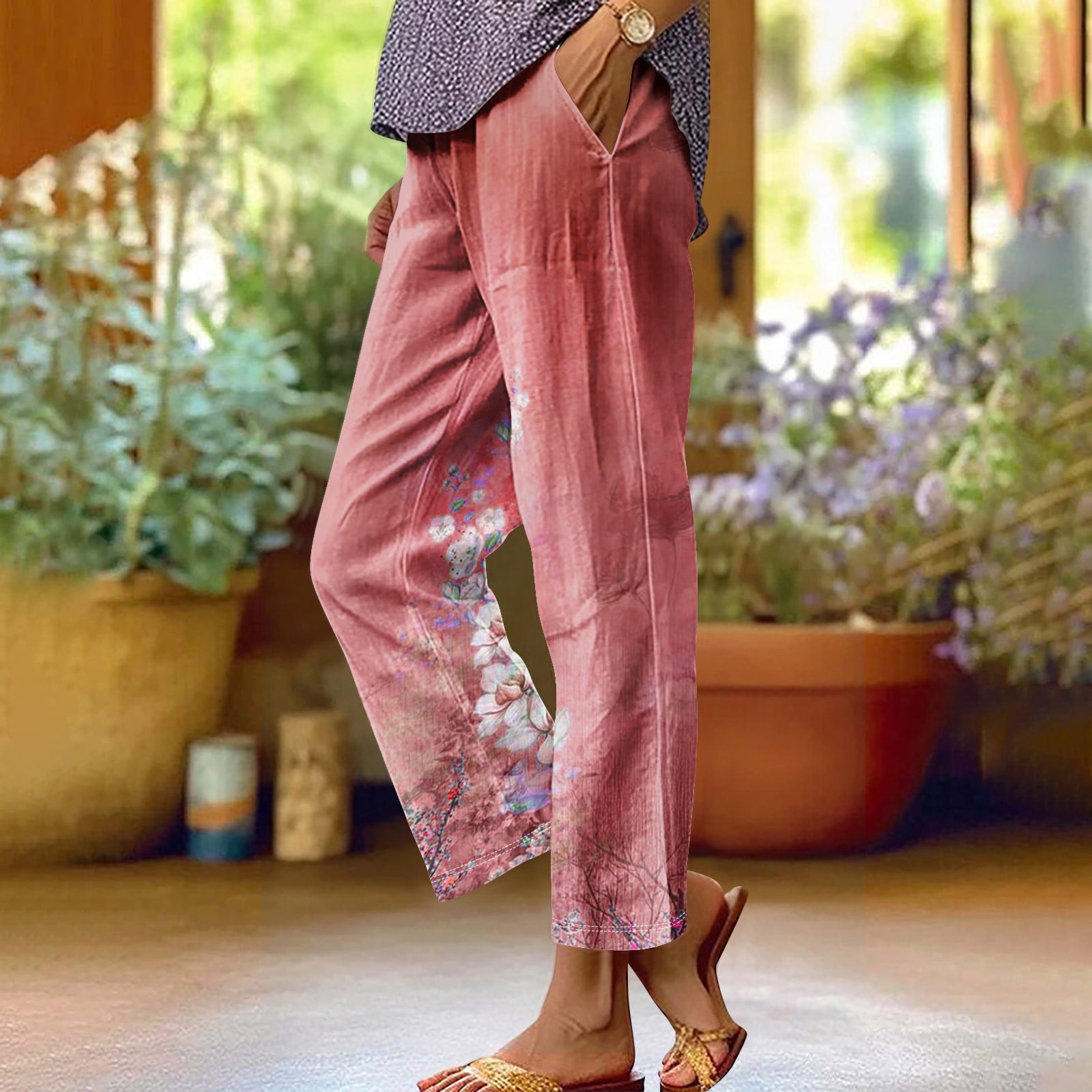 Women's Printed Casual Pants, Straight Leg with Floral Pattern, Relaxed ...