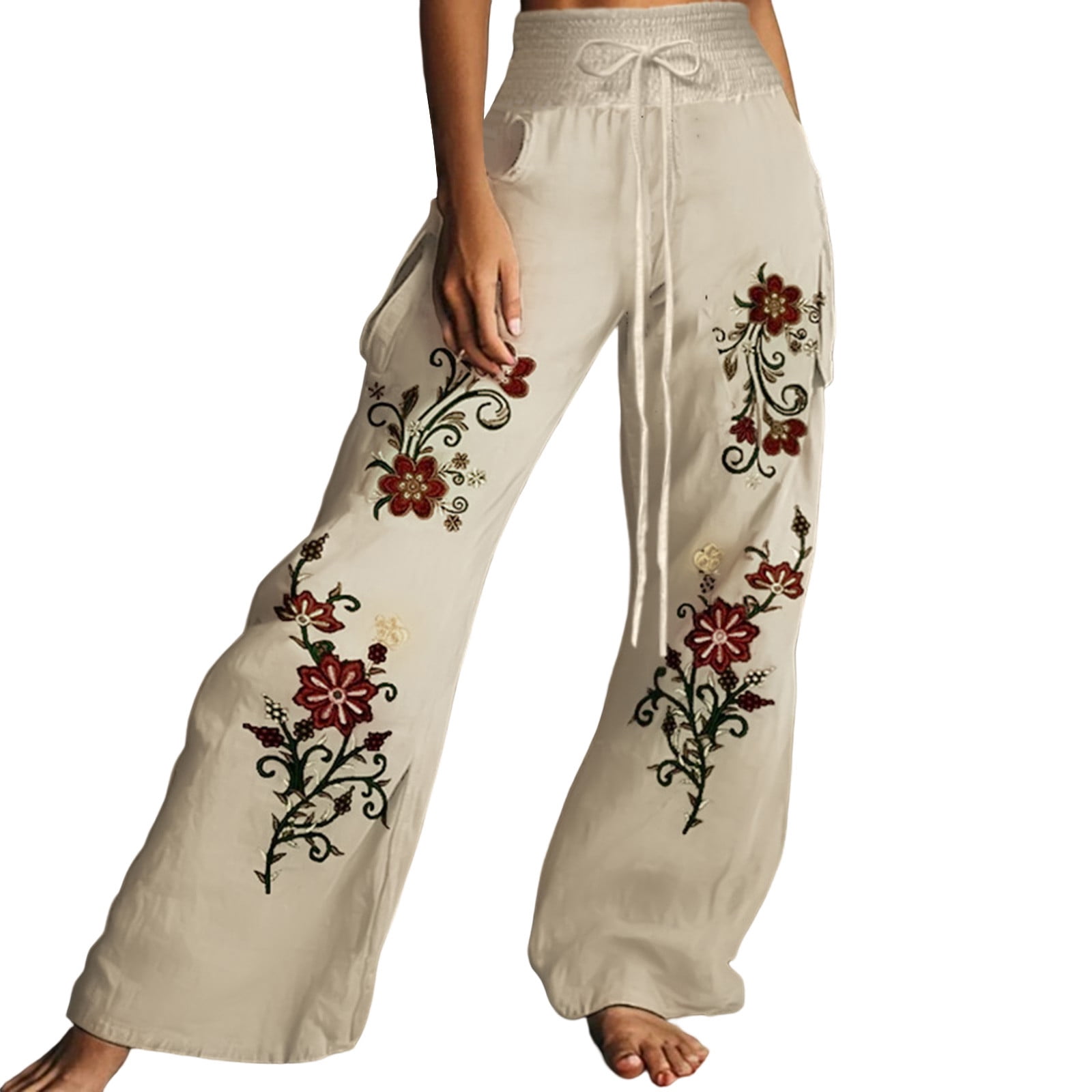Women's Printed Embroidered Wide-Leg Pants Elastic High Waist ...