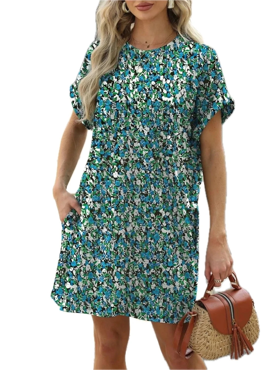Women's Printed Round Neck Short Sleeve Mini Dress 65% rayon 30% ...