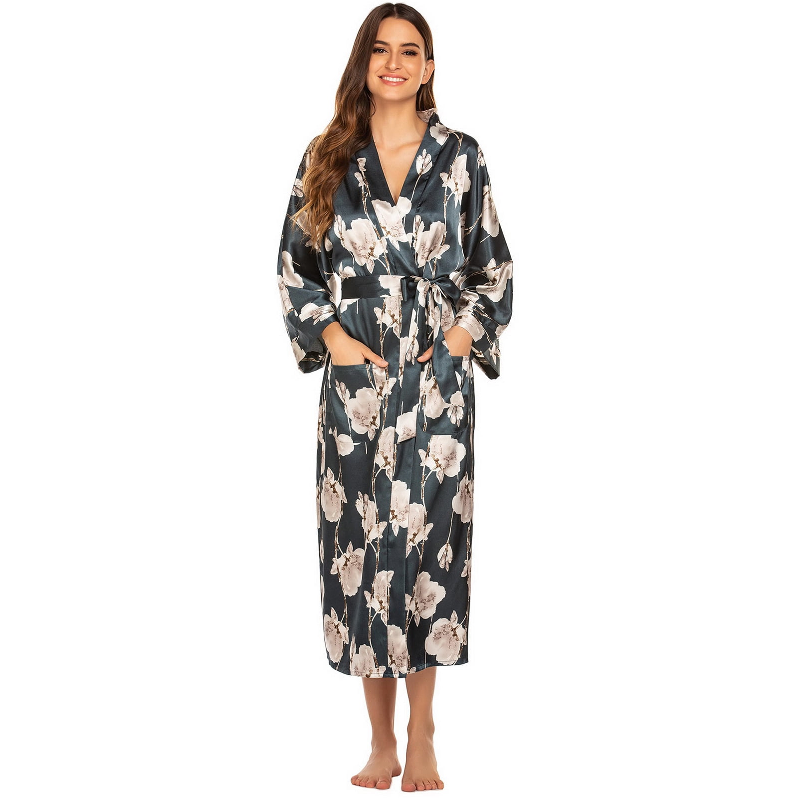 Women's Printed Silky Robe, Long-Sleeved Plush Homewear with Elegant ...