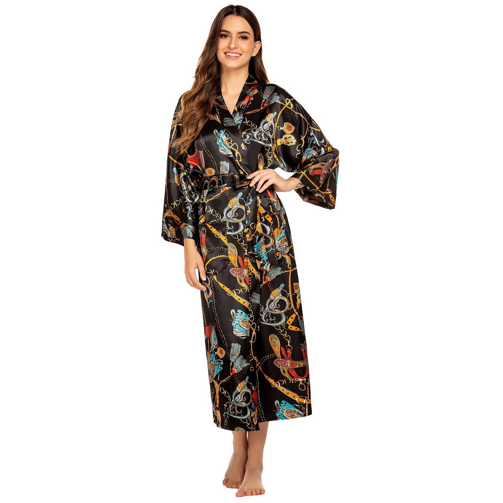 Women's Printed Silky Robe, Long-Sleeved Plush Homewear with Elegant ...
