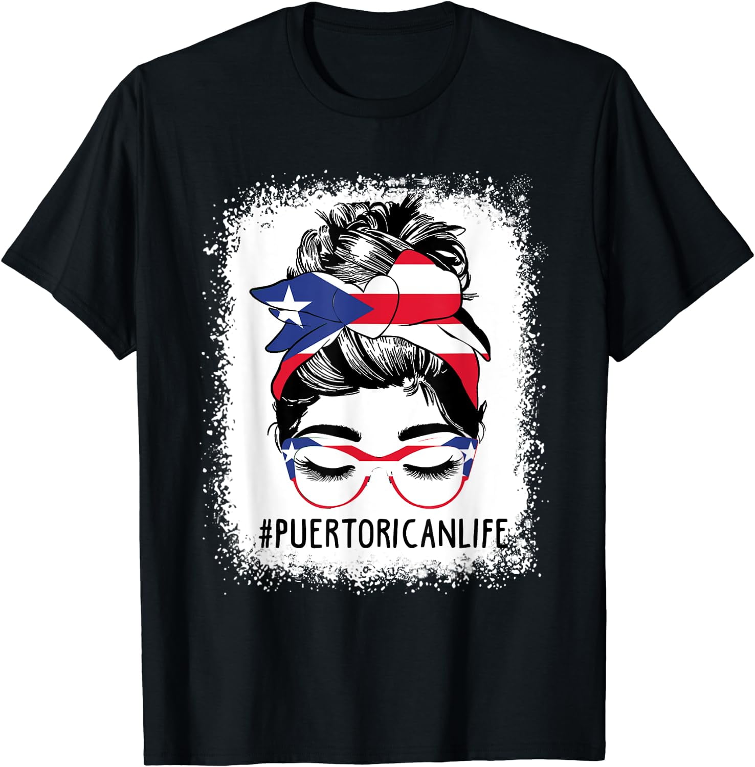 Women's Puerto Rican Life Messy Bun Hair Puerto Rico Flag T-Shirt Black ...