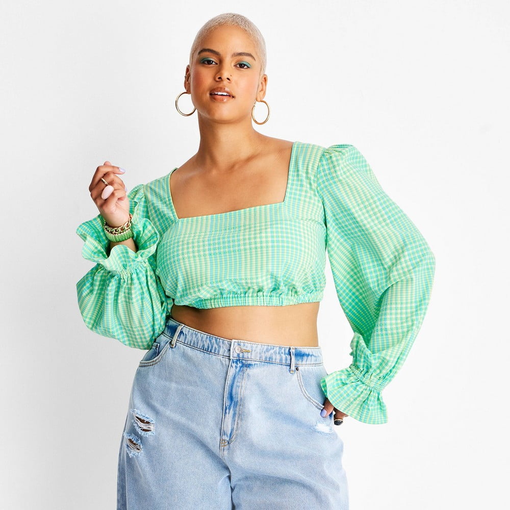 Women's Puff Long Sleeve Square Neck Plaid Crop Top - Future Collective ...