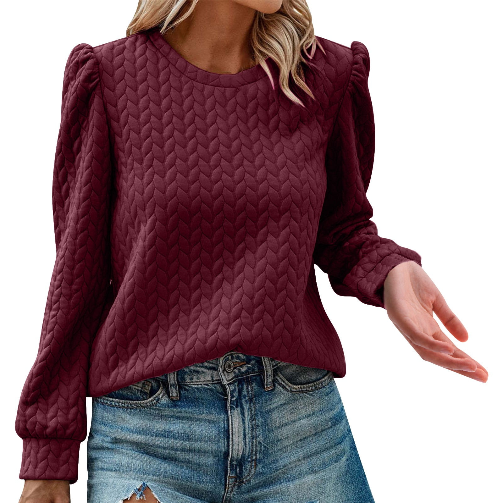Women's Puff Long Sleeve Sweatshirts Crewneck Loose Pullover Tops ...