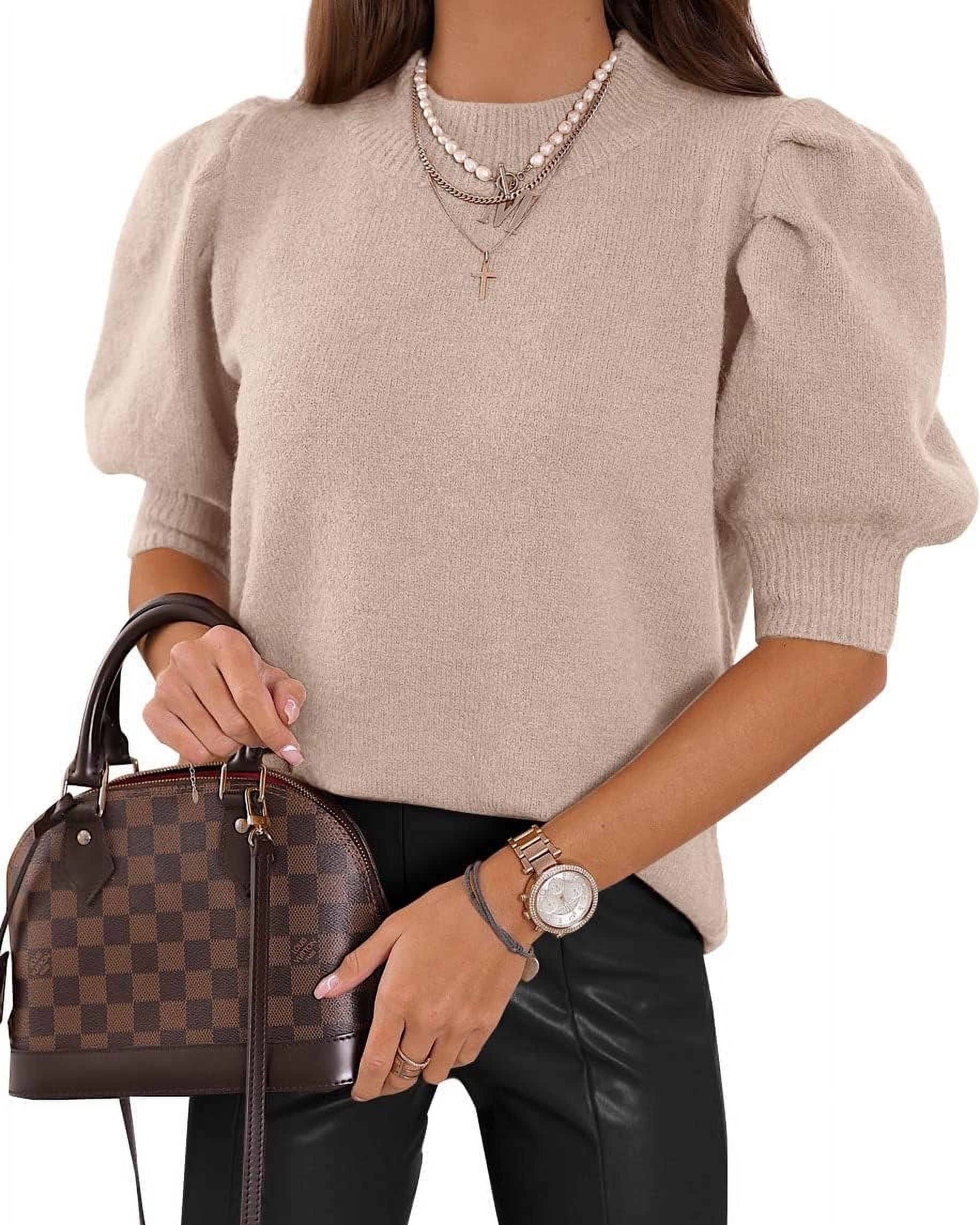 Women's Puff Short Sleeve Sweater Tops 2024 Spring Summer Trendy Crew ...