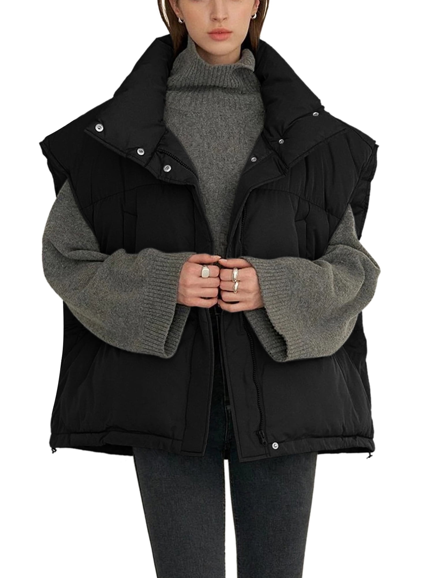Women's Puffer Vest Oversized Stand Collar Drawstring Quilted Waistcoat ...
