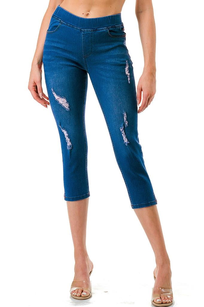 Womens Pull On Ripped Capri Jeans With Side Slit Stretch Denim Capris