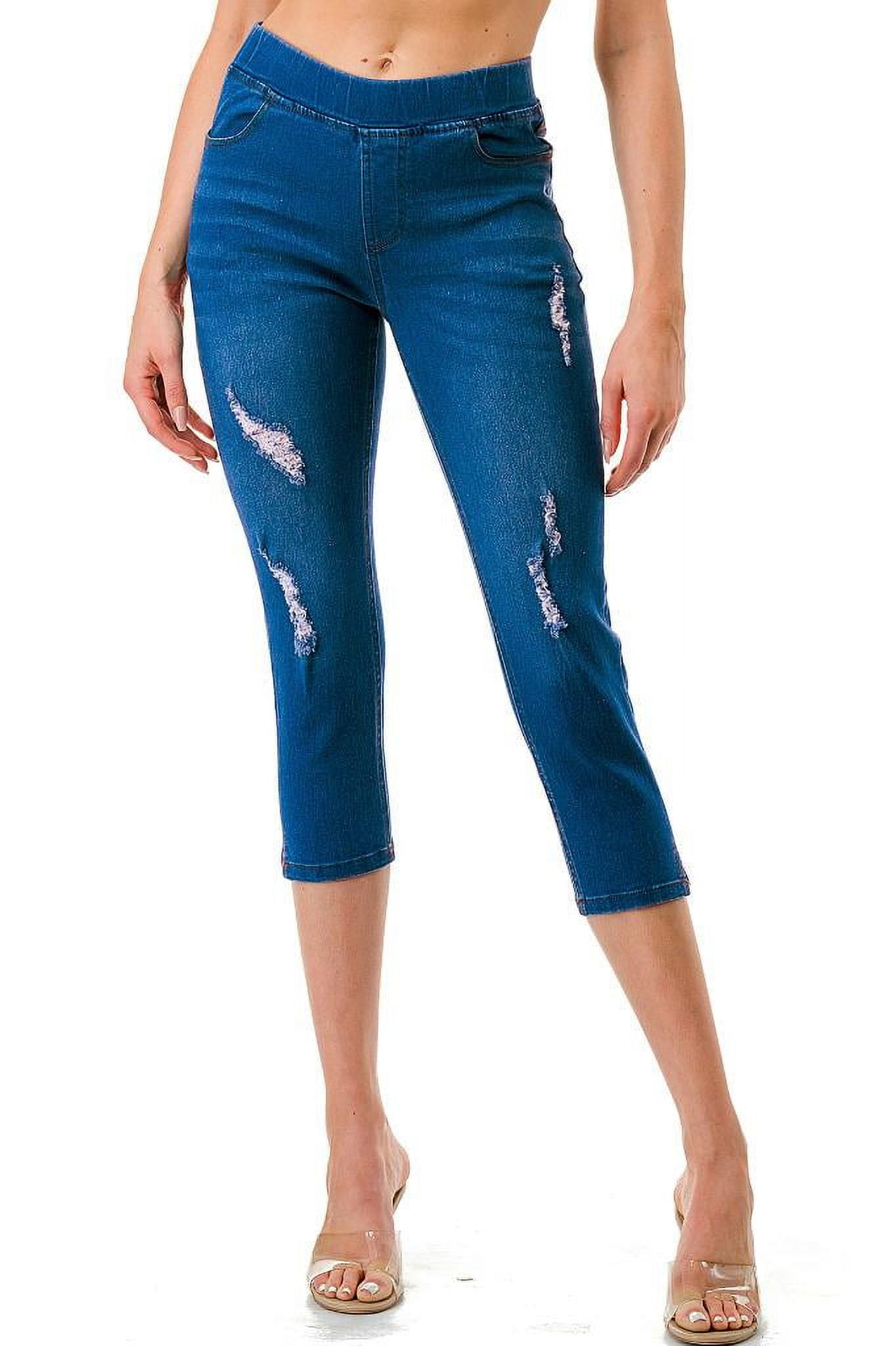 Women's Pull On Ripped Capri Jeans With Side Slit Stretch Denim Capris Jeggings Size S-3XL ...