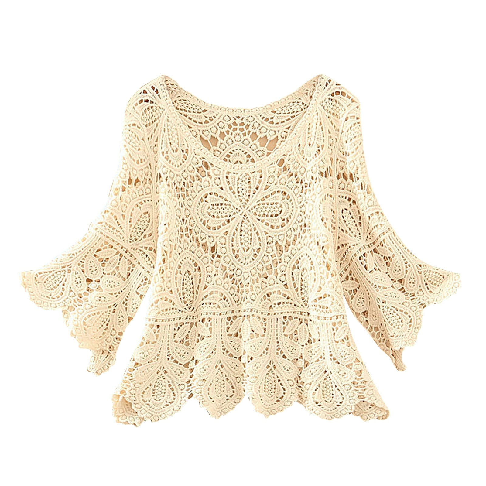 Women's Pullover Sweater Short Crochet Cut Out Five Quarter Sleeve Top ...