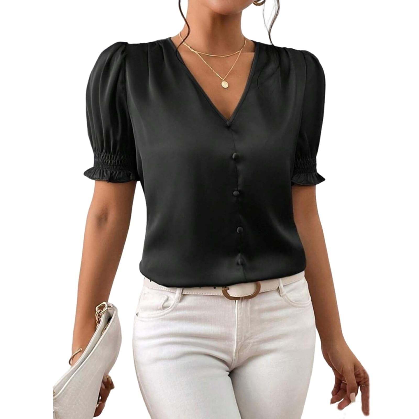Women's Pure Color Casual Satin V-Neck Button-Up French Ruffled Short ...