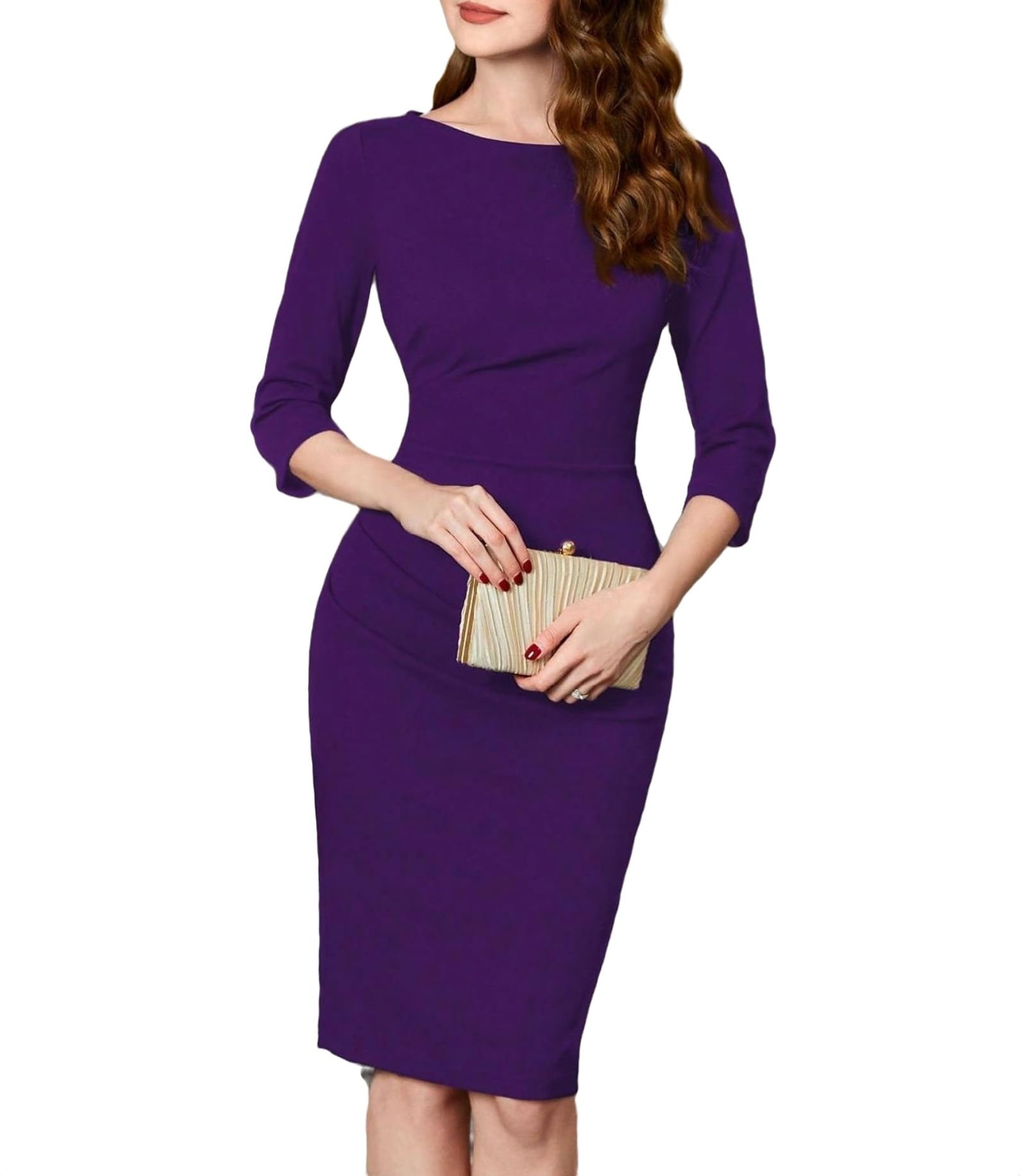 Women's Purple Ruched Zip Back Split Hem Business Slim Fitted Midi ...