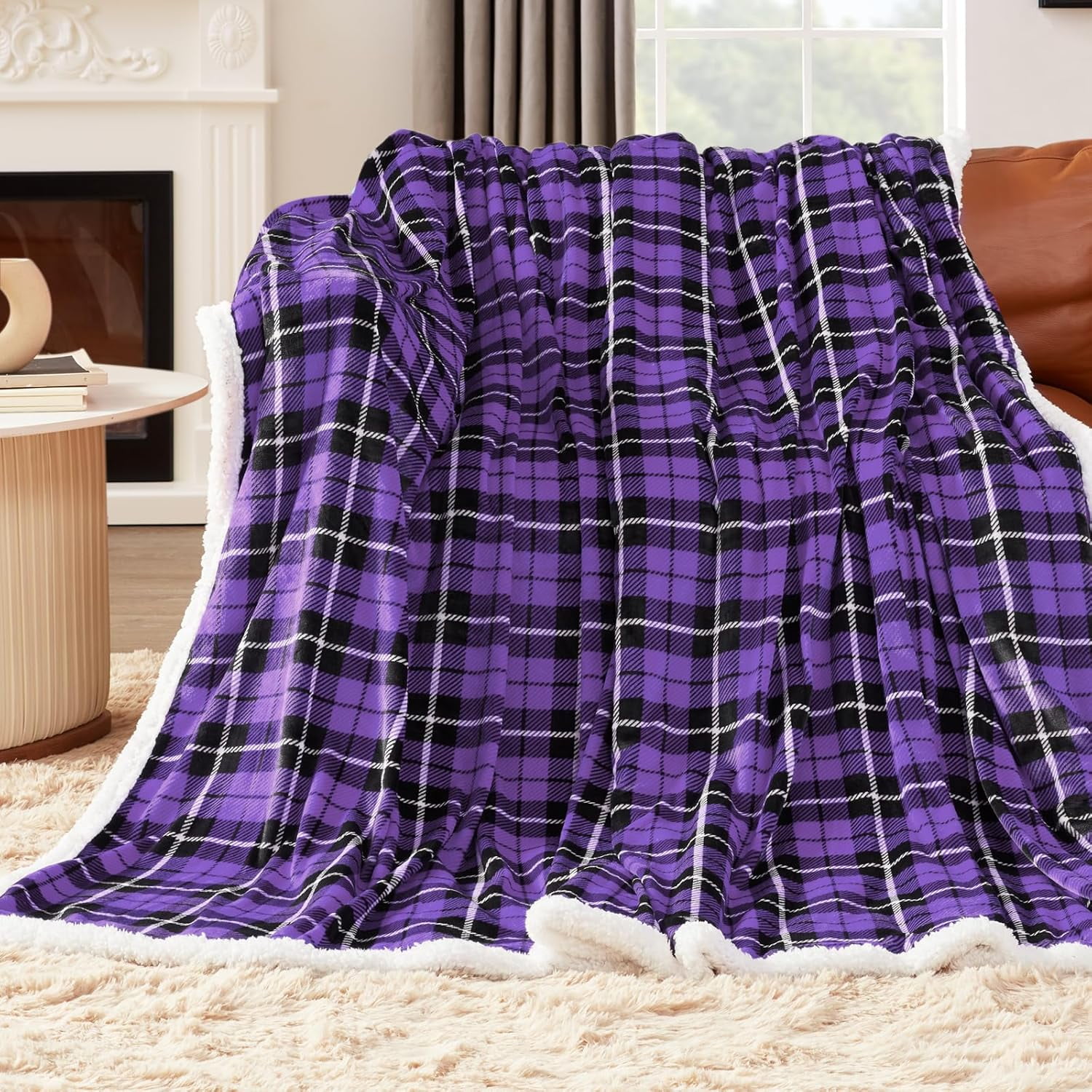 Women''s Purple Sherpa Throw Blanket Plush Cozy Soft Flannel Plaid ...